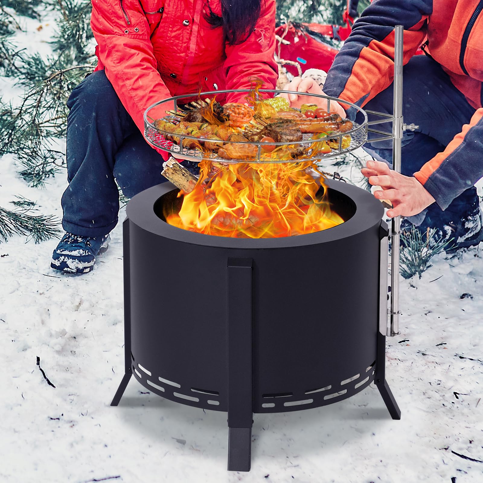 TITIMO Smokeless Fire Pit 19.5”inch Bonfire Low Smoke Stove 360°Rotating Grill pan with Removable Ash Pan Alloy Wood Burning Outdoor Fire Pit for Backyards and Camping Park Party BBQ Waterproof Bag