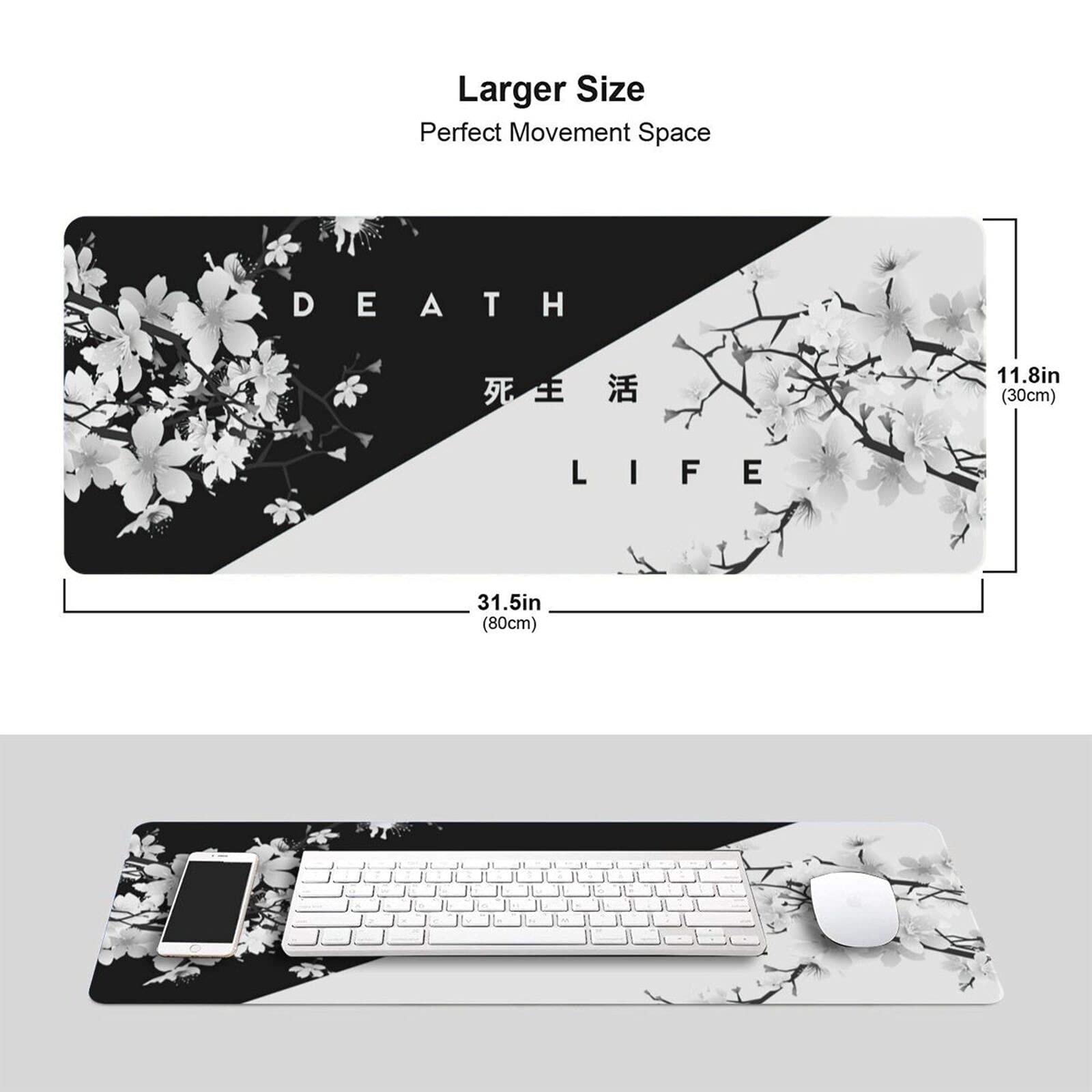 CDEB Black and White Cherry Blossom Gaming Mouse Pad XL, Extended Stitched Edges,Large Mouse Mat Desk Pad, Long Non Slip Rubber Base Mice Pad(31.5 X 11.8 Inch)
