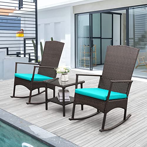 Outdoor PE Wicker Rocking Chair 3-Piece Patio Rattan Bistro Set 2 Rocker Armchair and Glass Coffee Side Table Furniture, Washable Lacing Cushion (Turquoise)
