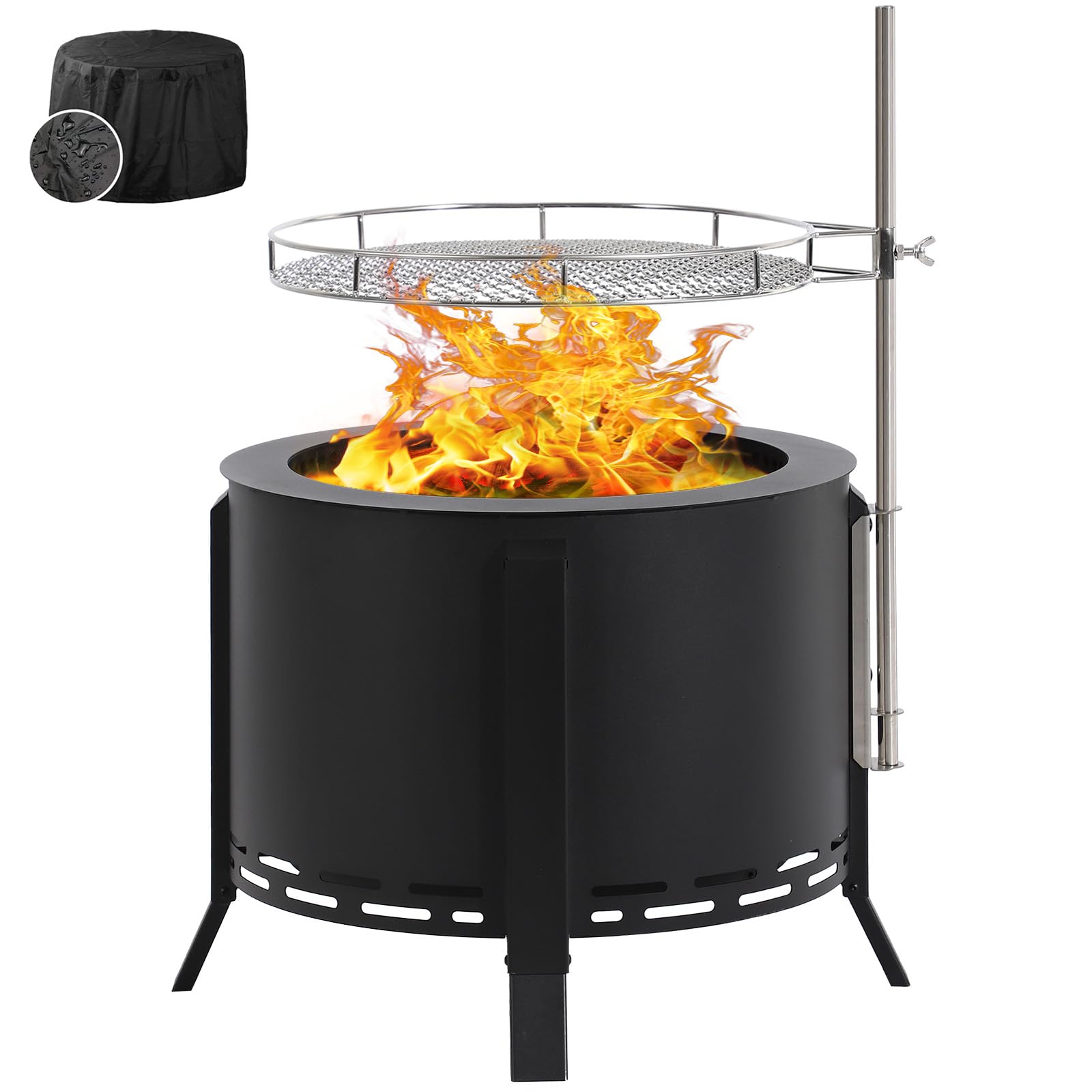 TITIMO Smokeless Fire Pit 19.5āinch Bonfire Low Smoke Stove 360°Rotating Grill pan with Removable Ash Pan Alloy Wood Burning Outdoor Fire Pit for Backyards and Camping Park Party BBQ Waterproof Bag