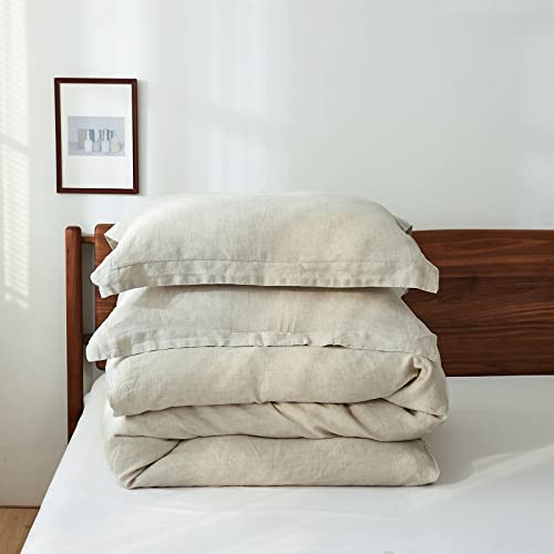Simple&Opulence 100% Linen Duvet Cover Set with Washed-French Flax-3 Pieces Solid Color Basic Style Bedding Set-Breathable Soft Comforter Cover with 2 Pillowshams(King,Linen)