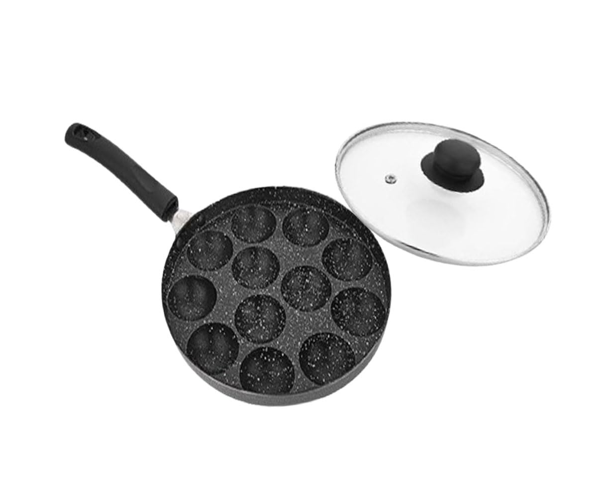 Non Stick Aluminium Long Handel 12 Pits Appam Pan with Transparent Glass Lid - Black and Silver