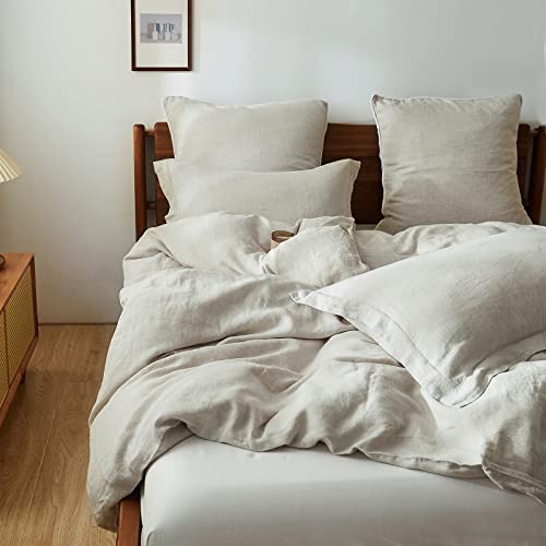 Simple&Opulence 100% Linen Duvet Cover Set with Washed-French Flax-3 Pieces Solid Color Basic Style Bedding Set-Breathable Soft Comforter Cover with 2 Pillowshams(King,Linen)