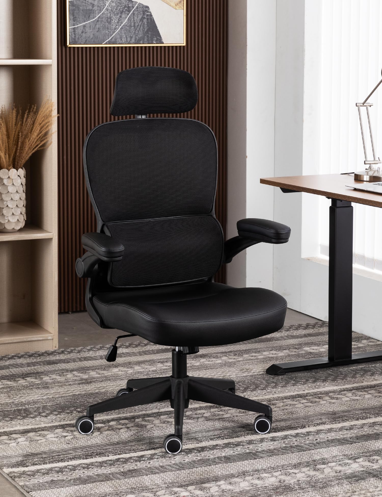 Ergonomic Mesh Office Chair High Back Desk Chair for Big and Tall People Adjustable Headrest with 2D Armrest Lumbar Support and PU Wheels Swivel Tilt Function Black (Black with Nylon Base)