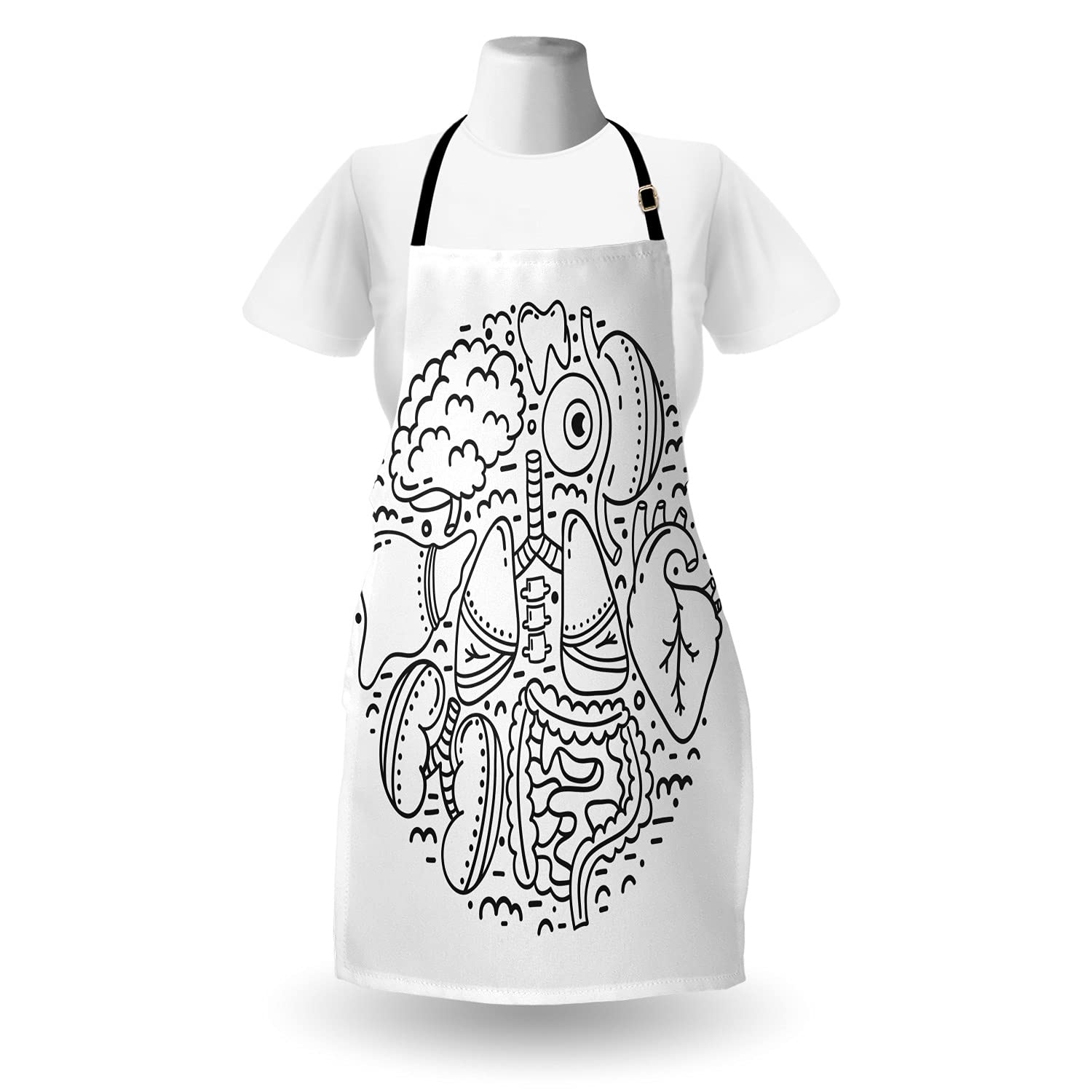 Ambesonne Anatomy Apron, Internal and External Organs of Human Donation Monochromatic Illustration, Unisex Kitchen Bib with Adjustable Neck for Cooking Gardening, Adult Size, White and Dark Grey