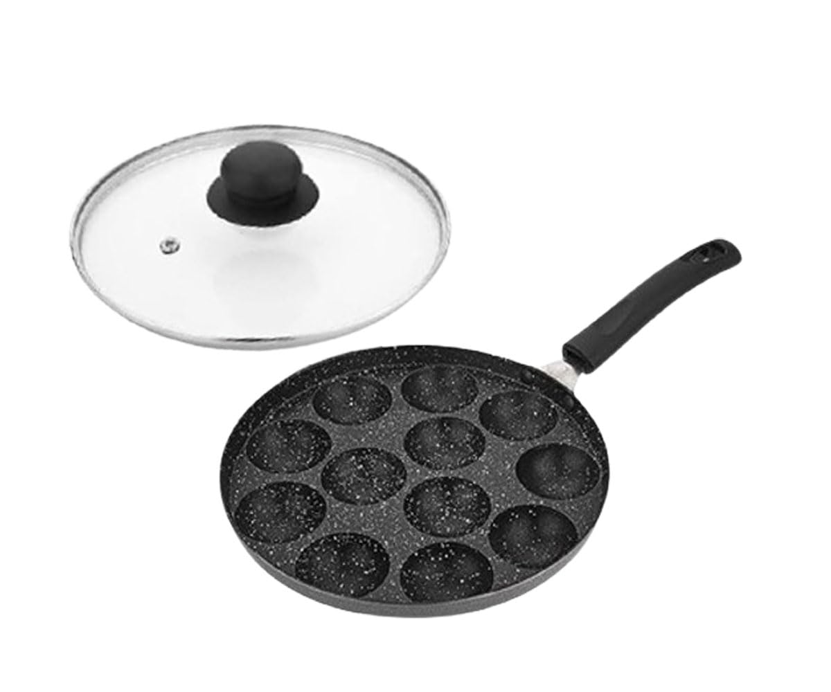 Non Stick Aluminium Long Handel 12 Pits Appam Pan with Transparent Glass Lid - Black and Silver