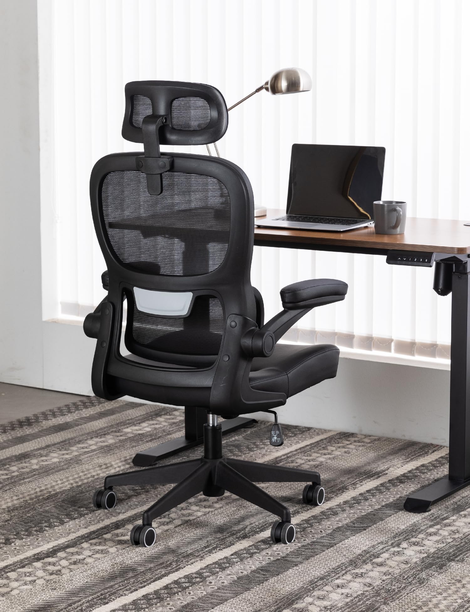 Ergonomic Mesh Office Chair High Back Desk Chair for Big and Tall People Adjustable Headrest with 2D Armrest Lumbar Support and PU Wheels Swivel Tilt Function Black (Black with Nylon Base)