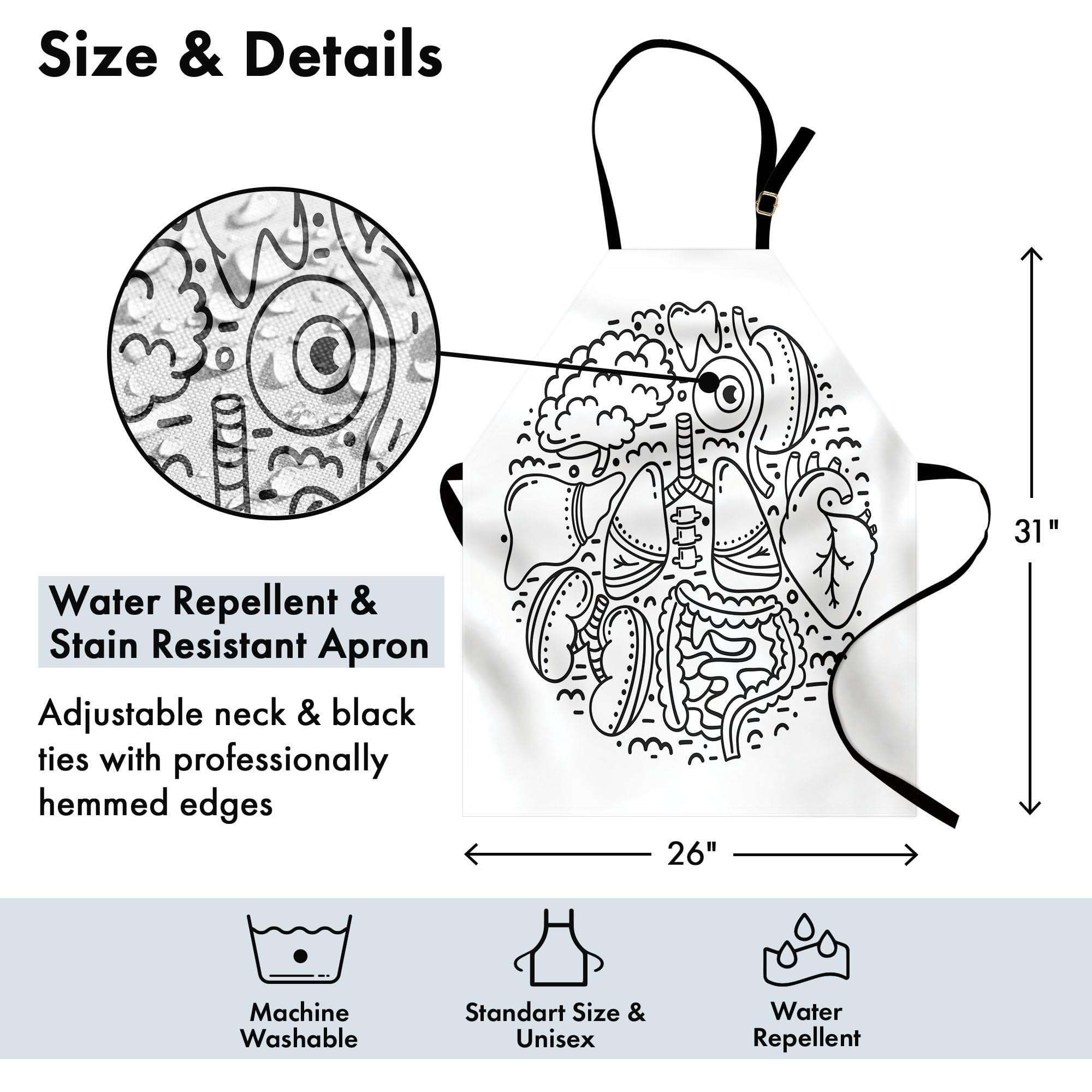 Ambesonne Anatomy Apron, Internal and External Organs of Human Donation Monochromatic Illustration, Unisex Kitchen Bib with Adjustable Neck for Cooking Gardening, Adult Size, White and Dark Grey