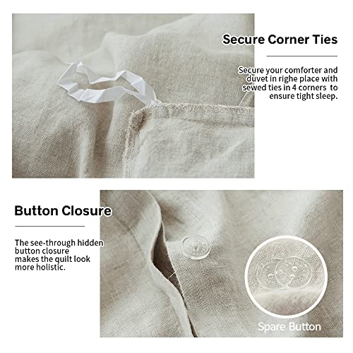 Simple&Opulence 100% Linen Duvet Cover Set with Washed-French Flax-3 Pieces Solid Color Basic Style Bedding Set-Breathable Soft Comforter Cover with 2 Pillowshams(King,Linen)