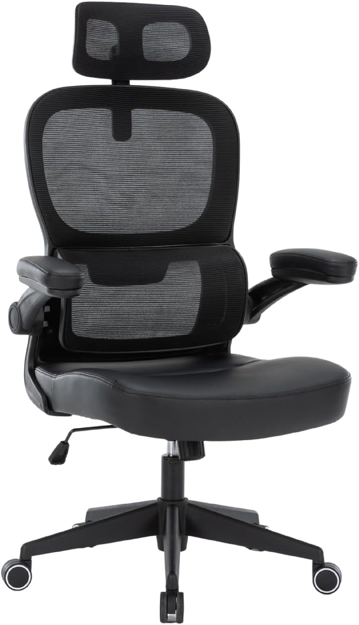 Ergonomic Mesh Office Chair High Back Desk Chair for Big and Tall People Adjustable Headrest with 2D Armrest Lumbar Support and PU Wheels Swivel Tilt Function Black (Black with Nylon Base)