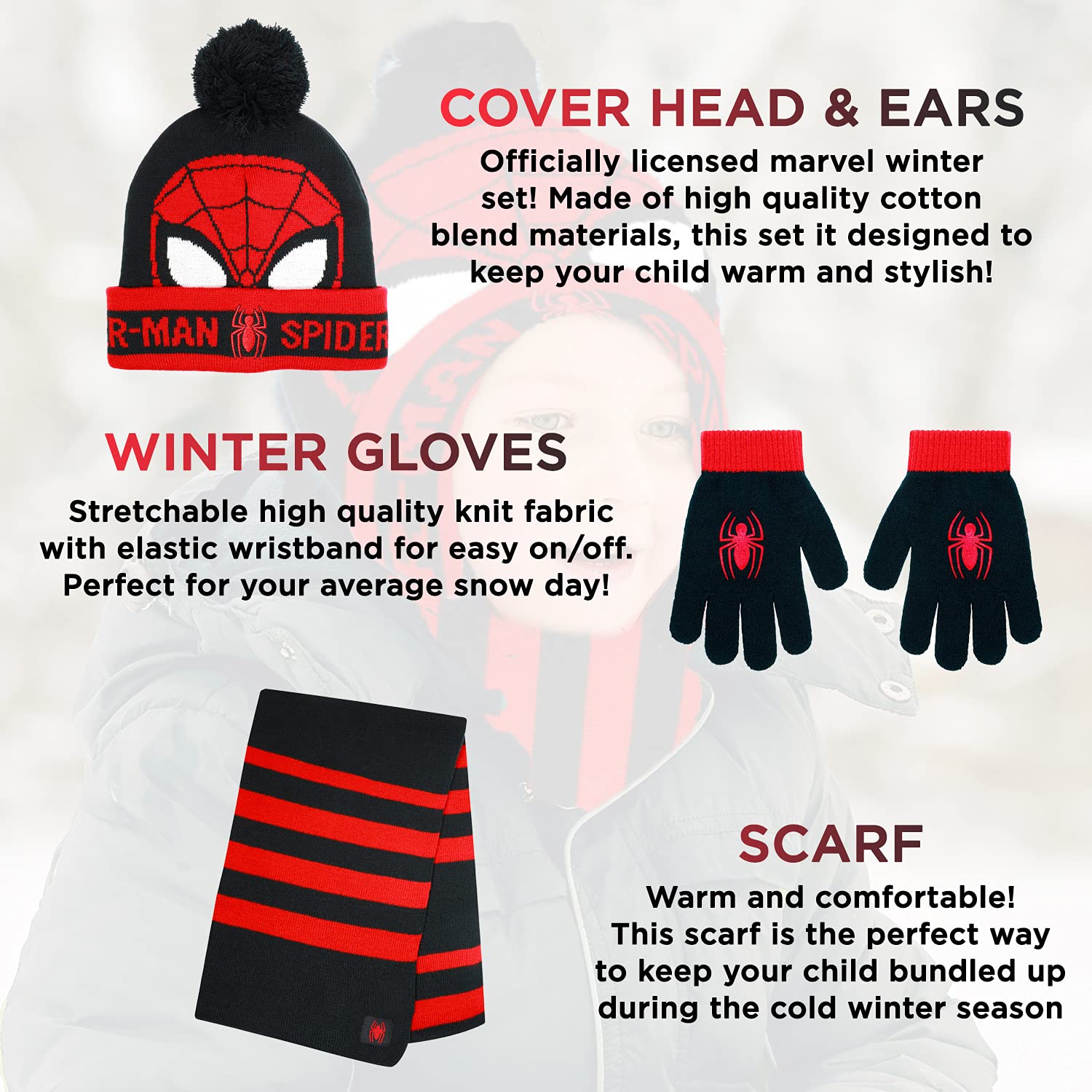 Marvel Spider-Man Kid’s Winter Hat Snow Gloves and Scarf for Boys and Toddlers 3 Pc Set Warm Pom-Pom Beanie with Accessories