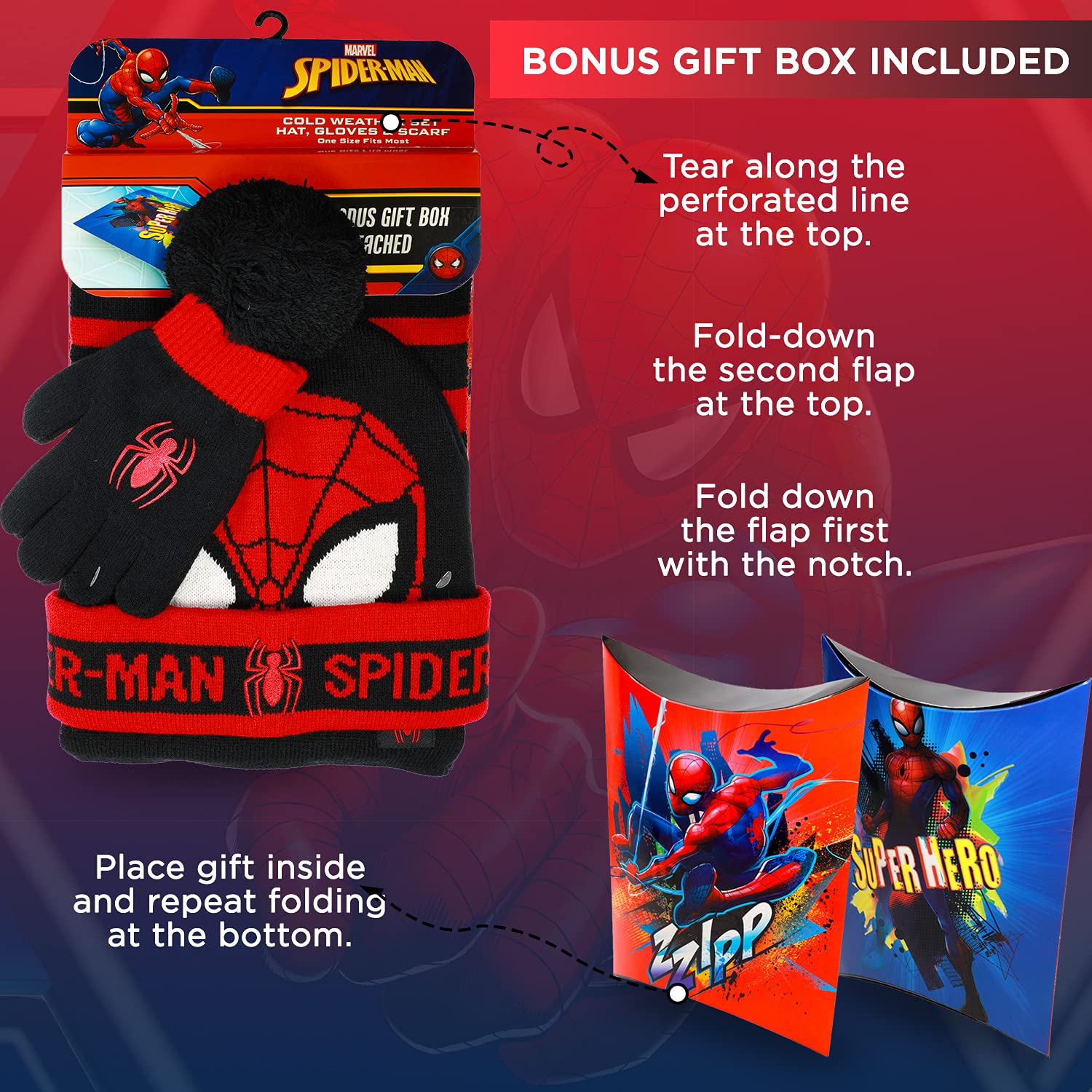 Marvel Spider-Man Kid’s Winter Hat Snow Gloves and Scarf for Boys and Toddlers 3 Pc Set Warm Pom-Pom Beanie with Accessories