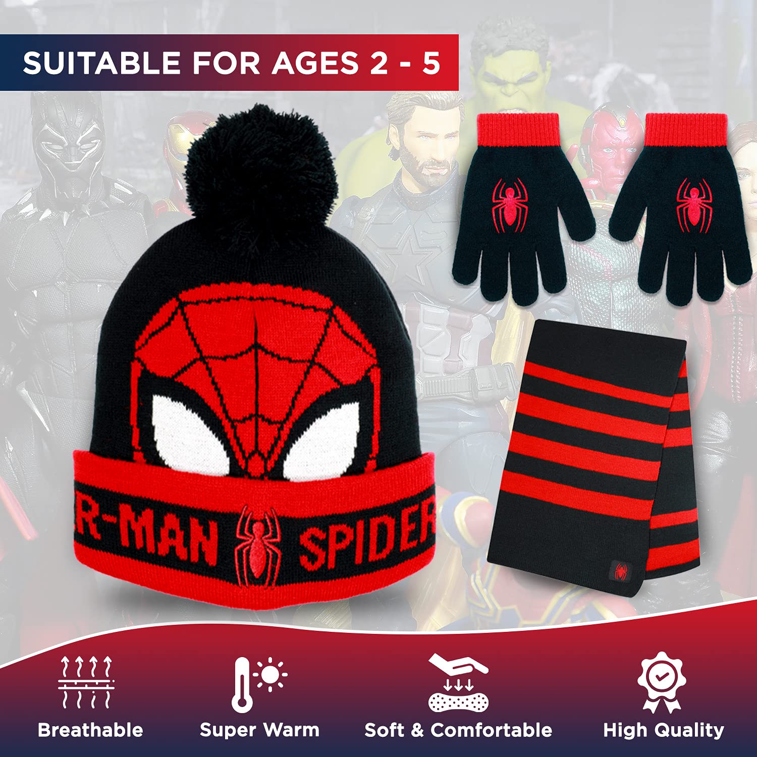 Marvel Spider-Man Kid’s Winter Hat Snow Gloves and Scarf for Boys and Toddlers 3 Pc Set Warm Pom-Pom Beanie with Accessories