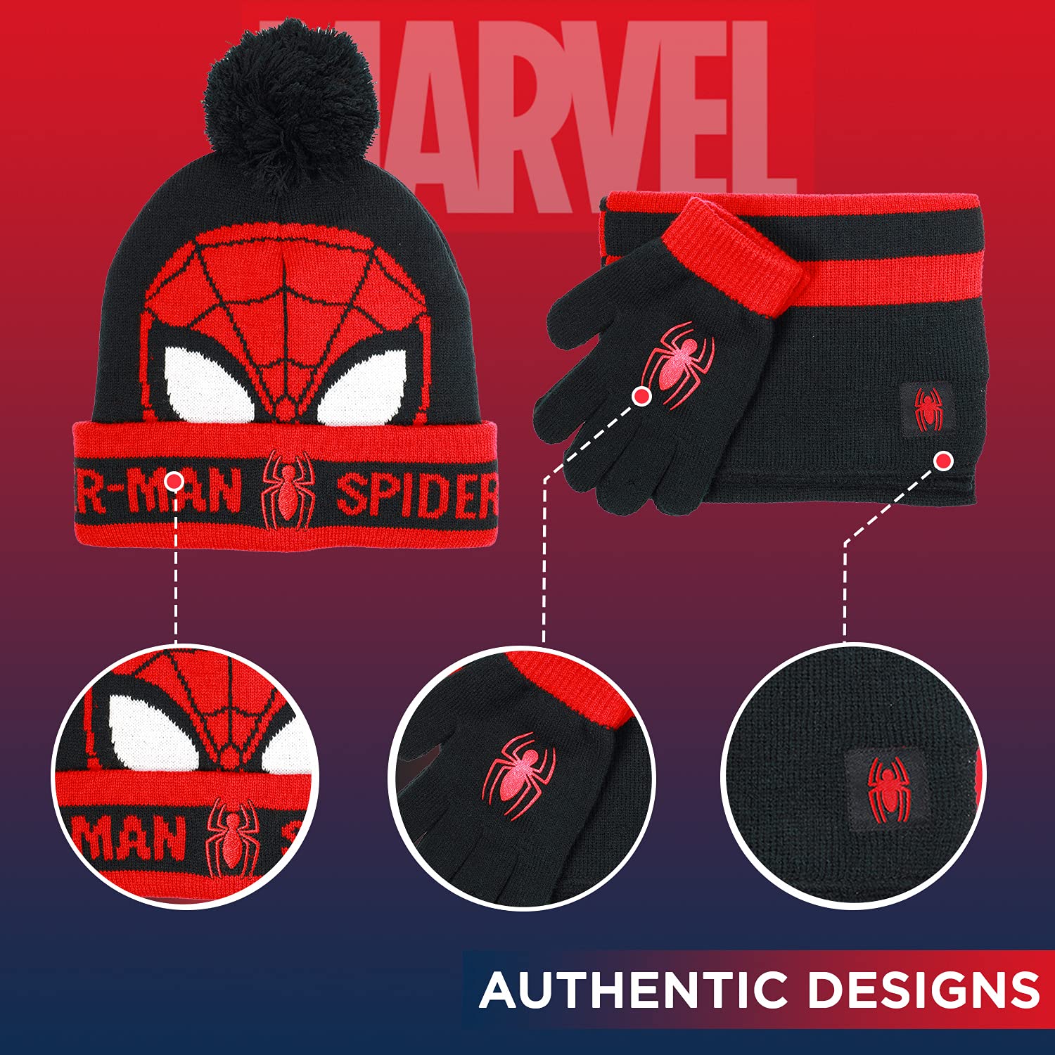 Marvel Spider-Man Kid’s Winter Hat Snow Gloves and Scarf for Boys and Toddlers 3 Pc Set Warm Pom-Pom Beanie with Accessories