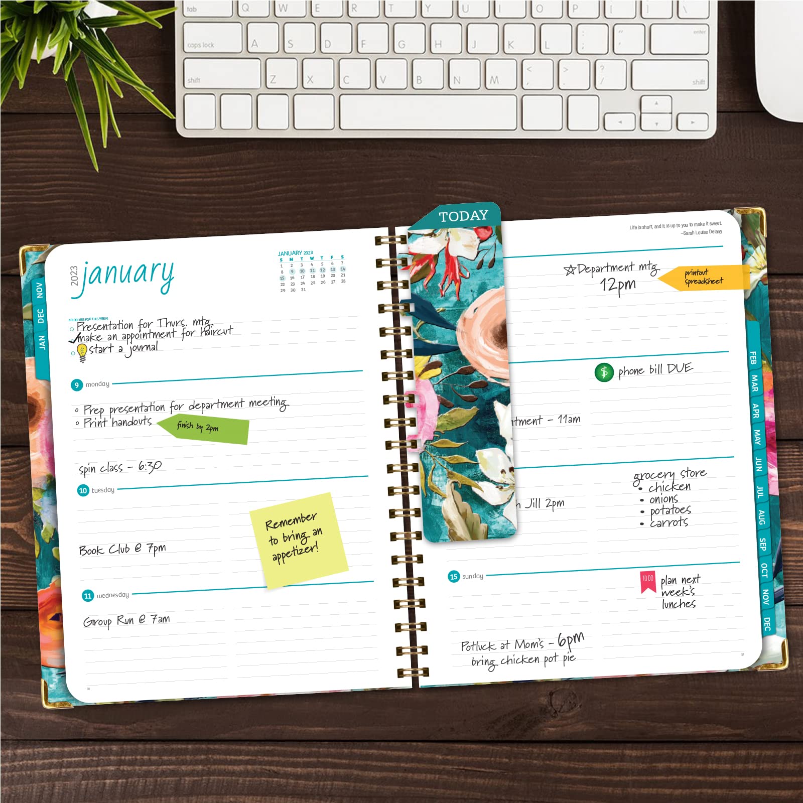 HARDCOVER 2023 Planner: (November 2022 Through December 2023) 8.5"x11" Daily Weekly Monthly Planner Yearly Agenda. Bookmark, Pocket Folder and Sticky Note Set (Teal Floral)
