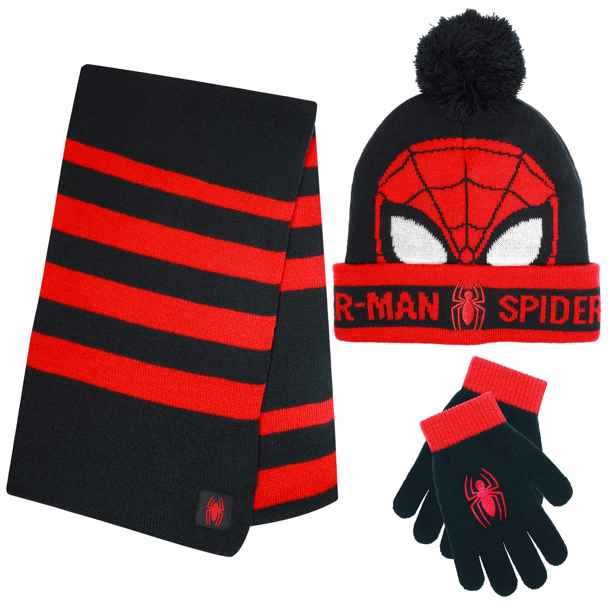 Marvel Spider-Man Kid’s Winter Hat Snow Gloves and Scarf for Boys and Toddlers 3 Pc Set Warm Pom-Pom Beanie with Accessories