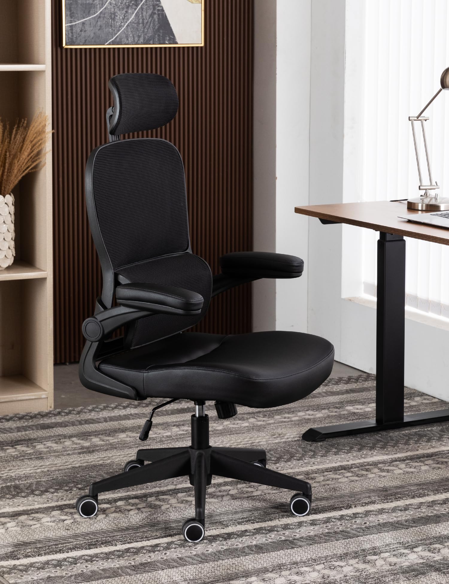 Ergonomic Mesh Office Chair High Back Desk Chair for Big and Tall People Adjustable Headrest with 2D Armrest Lumbar Support and PU Wheels Swivel Tilt Function Black (Black with Nylon Base)