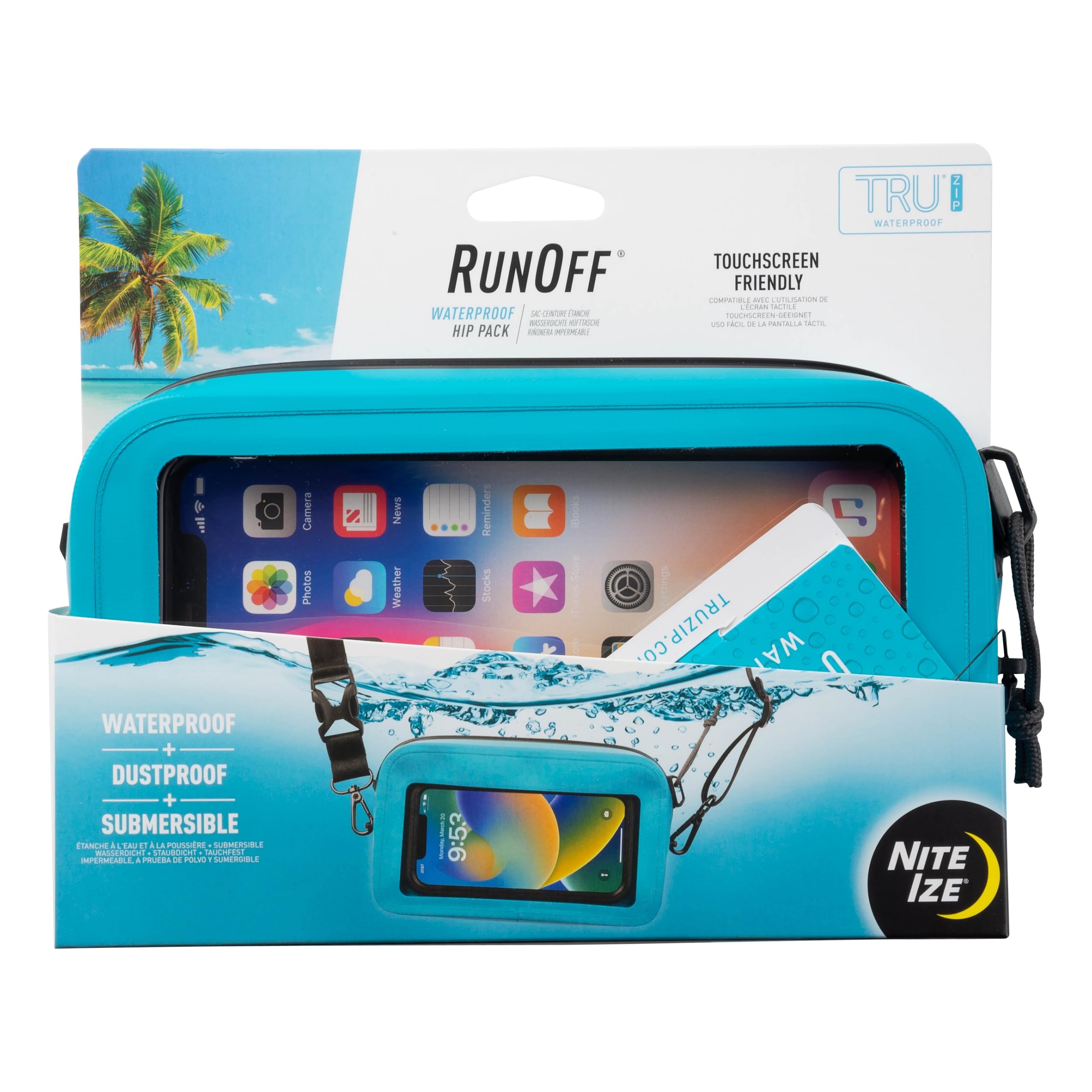 Nite Ize RunOff Waterproof Hip Pack - Beach & Hiking Essential - Bag for Phone & Travel Essentials - Crossbody Beach Tote & Travel Pouch with IP67 Rating - Blue