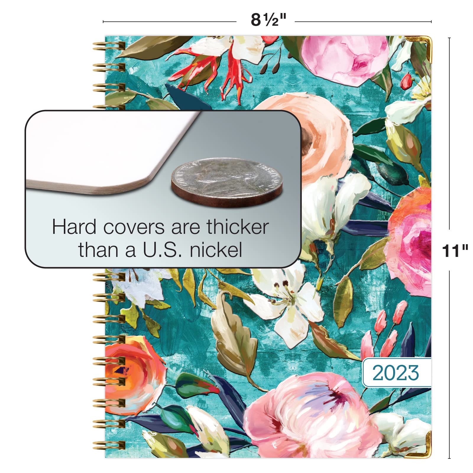 HARDCOVER 2023 Planner: (November 2022 Through December 2023) 8.5"x11" Daily Weekly Monthly Planner Yearly Agenda. Bookmark, Pocket Folder and Sticky Note Set (Teal Floral)