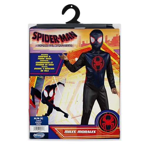 Marvel Miles Morales Official Youth Halloween Costume - Printed Jumpsuit with Fabric Mask (M) Black