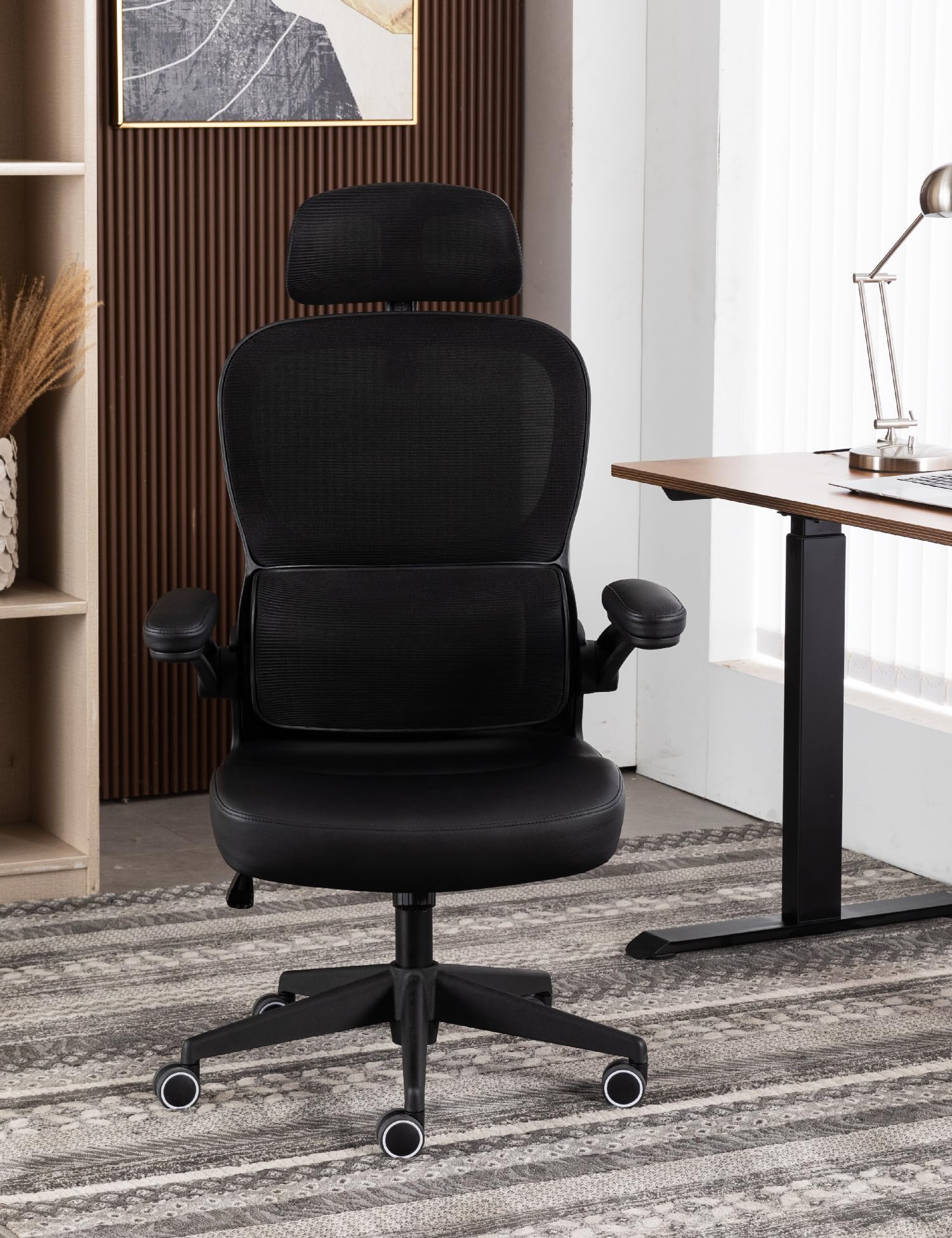 Ergonomic Mesh Office Chair High Back Desk Chair for Big and Tall People Adjustable Headrest with 2D Armrest Lumbar Support and PU Wheels Swivel Tilt Function Black (Black with Nylon Base)