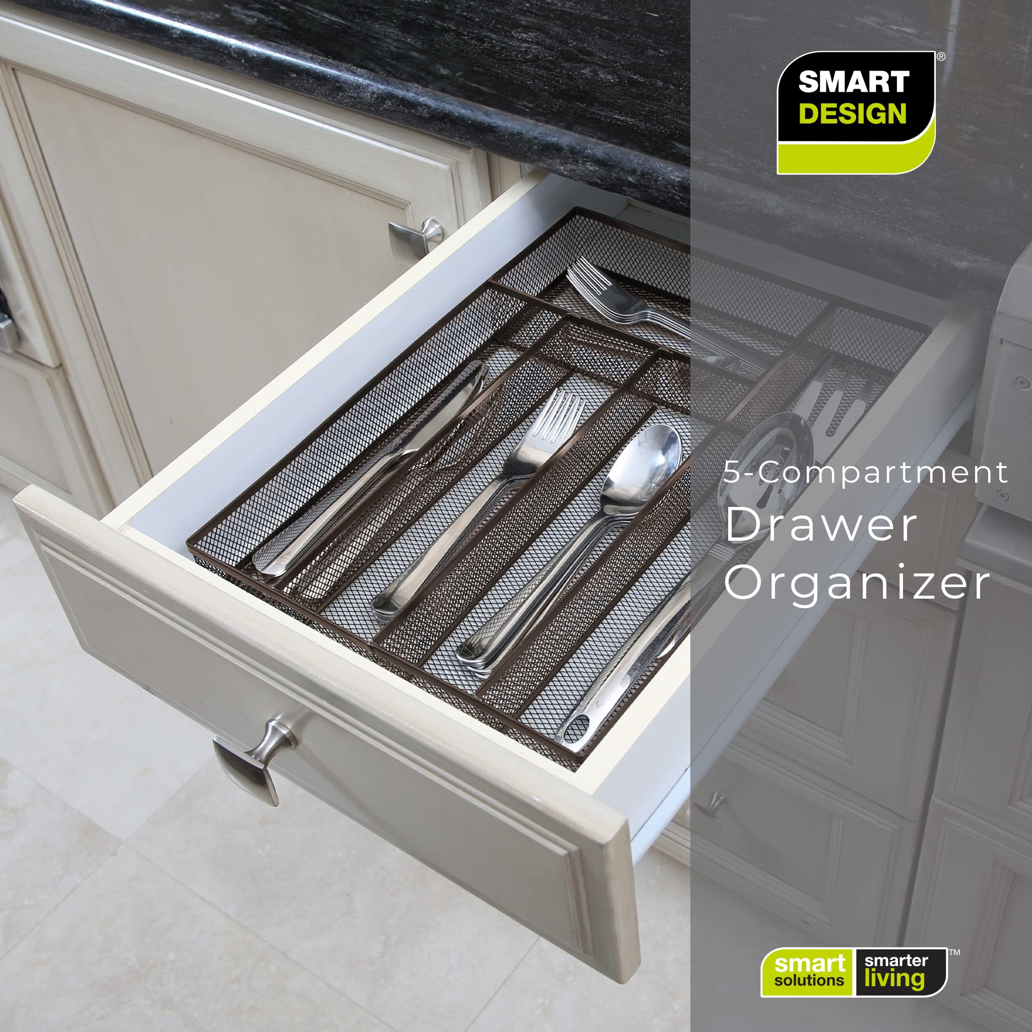 Smart Design 5 Compartment Drawer Organizer - Steel Mesh Mesh - Makeup Tray, Vanity, Utensils, Silverware Storage Bin - Kitchen - Bronze