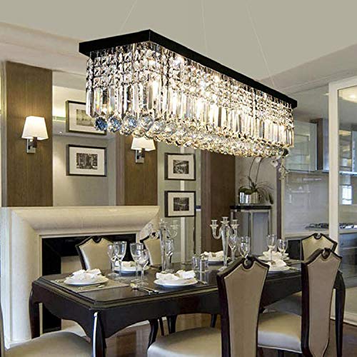 ShiJia Moooni Modern 8 Lights Rectangular Crystal Chandelier Rectangle Raindrop Chandeliers Pendant Light Fixture for Dining Rooms Island Black L39.5