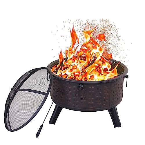 Wonder Comfort Fire Pit Set, Wood Burning FirePit with Screen, Cover and Log Poker for Outdoor and Patio, 26 inch Round Fire-Pit
