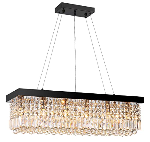 ShiJia Moooni Modern 8 Lights Rectangular Crystal Chandelier Rectangle Raindrop Chandeliers Pendant Light Fixture for Dining Rooms Island Black L39.5