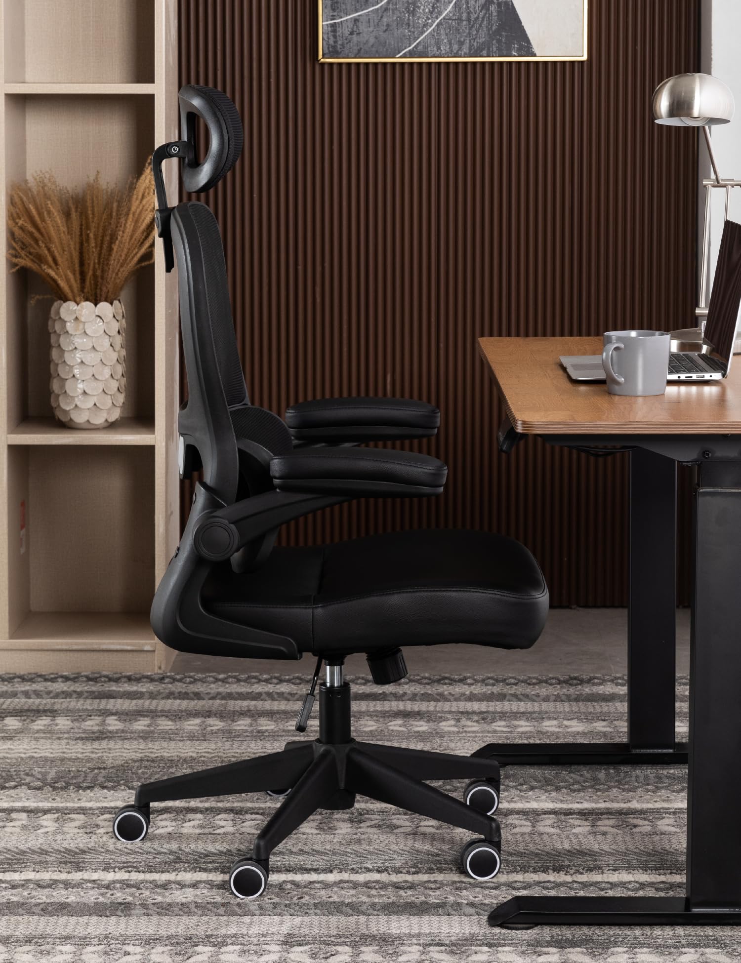 Ergonomic Mesh Office Chair High Back Desk Chair for Big and Tall People Adjustable Headrest with 2D Armrest Lumbar Support and PU Wheels Swivel Tilt Function Black (Black with Nylon Base)