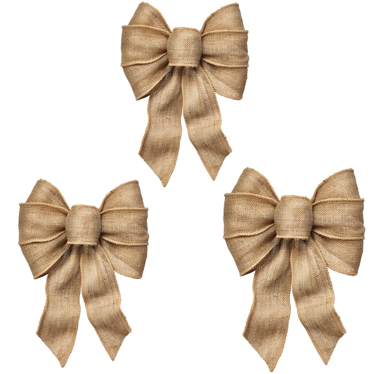 Rocky Mountain Goods 7 Loop Burlap Bow - Pack of 3-12â x 18â Wired Burlap Hand Tie Bow for Wreath, Wedding, Crafts, Christmas Tree, Gifts, Tree Topper, Fall - Indoor/Outdoor Natural Burlap