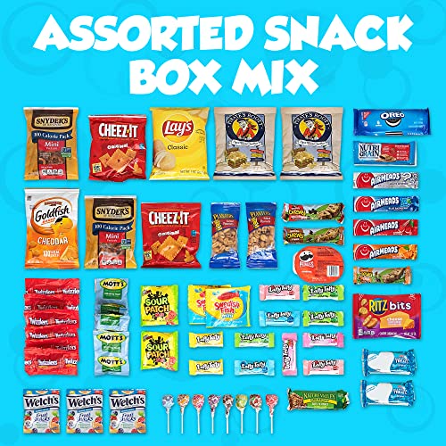 Snack Box Variety Pack Care Package (60 Count) Kids, Teens, Adults, Men, Women, College Student, Christmas Gift Basket Snackbox, Office Sampler, Stocking Stuffers, Candy Food Cookies Chips Arrangement, Sweet Gifting
