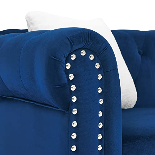 Melpomene 3 Pieces Blue Velvet Living Room Sofa Set Including 3-Seater Sofa Loveseat and Sofa Chair, with Button Tufted Nailhead and 5 White Villose Cushions (1+2+3 seat)
