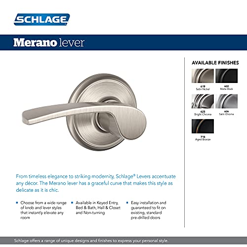 Schlage F170 MER 619 LH Left Handed Merano Door Lever, One Sided Non-Turning Dummy Door Handle, Satin Nickel