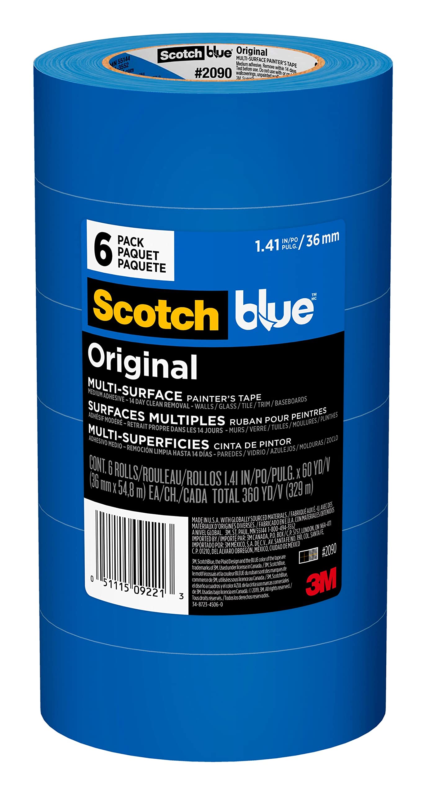 Scotch Original Multi-Surface Painter's Tape, 1.41 inches x 60 Yards (360 Yards Total), 2090, 6 Rolls, Blue, 6 Foot