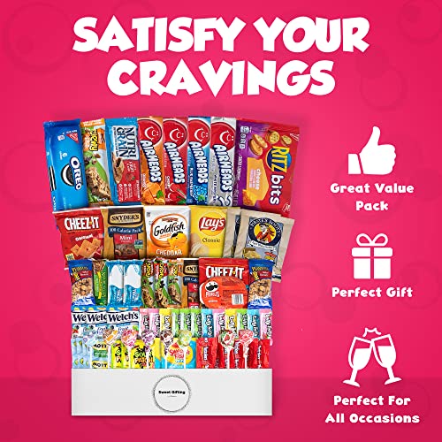 Snack Box Variety Pack Care Package (60 Count) Kids, Teens, Adults, Men, Women, College Student, Christmas Gift Basket Snackbox, Office Sampler, Stocking Stuffers, Candy Food Cookies Chips Arrangement, Sweet Gifting