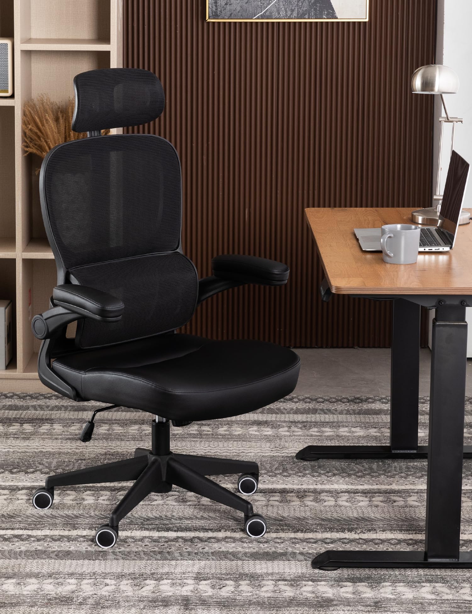 Ergonomic Mesh Office Chair High Back Desk Chair for Big and Tall People Adjustable Headrest with 2D Armrest Lumbar Support and PU Wheels Swivel Tilt Function Black (Black with Nylon Base)