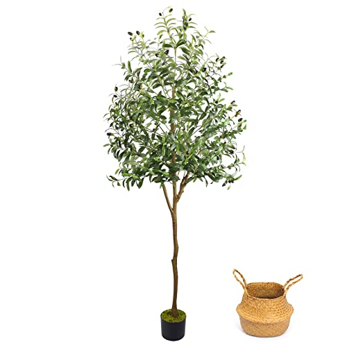 Artificial Olive Tree, 6ft Faux Olive Tree Plant with Woven Planter and Moss, Realistic Olive Branch, Fake Silk Olive Tree in Pot for Home Office Garden Store Indoor Outdoor Decor, 1248 Leaves(6ft)