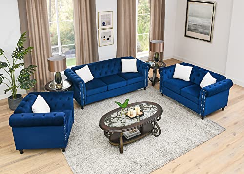 Melpomene 3 Pieces Blue Velvet Living Room Sofa Set Including 3-Seater Sofa Loveseat and Sofa Chair, with Button Tufted Nailhead and 5 White Villose Cushions (1+2+3 seat)