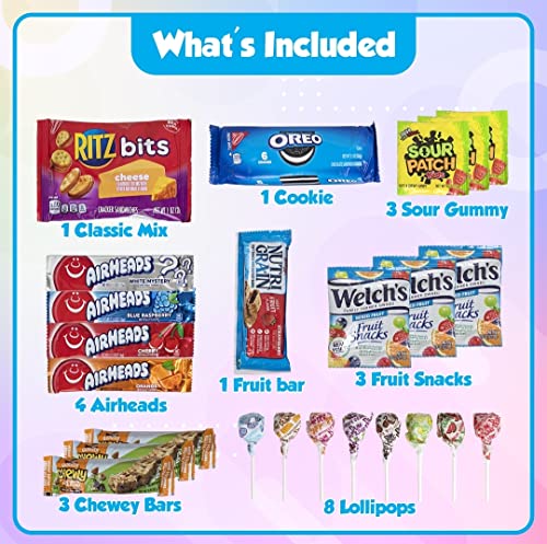 Snack Box Variety Pack Care Package (60 Count) Kids, Teens, Adults, Men, Women, College Student, Christmas Gift Basket Snackbox, Office Sampler, Stocking Stuffers, Candy Food Cookies Chips Arrangement, Sweet Gifting