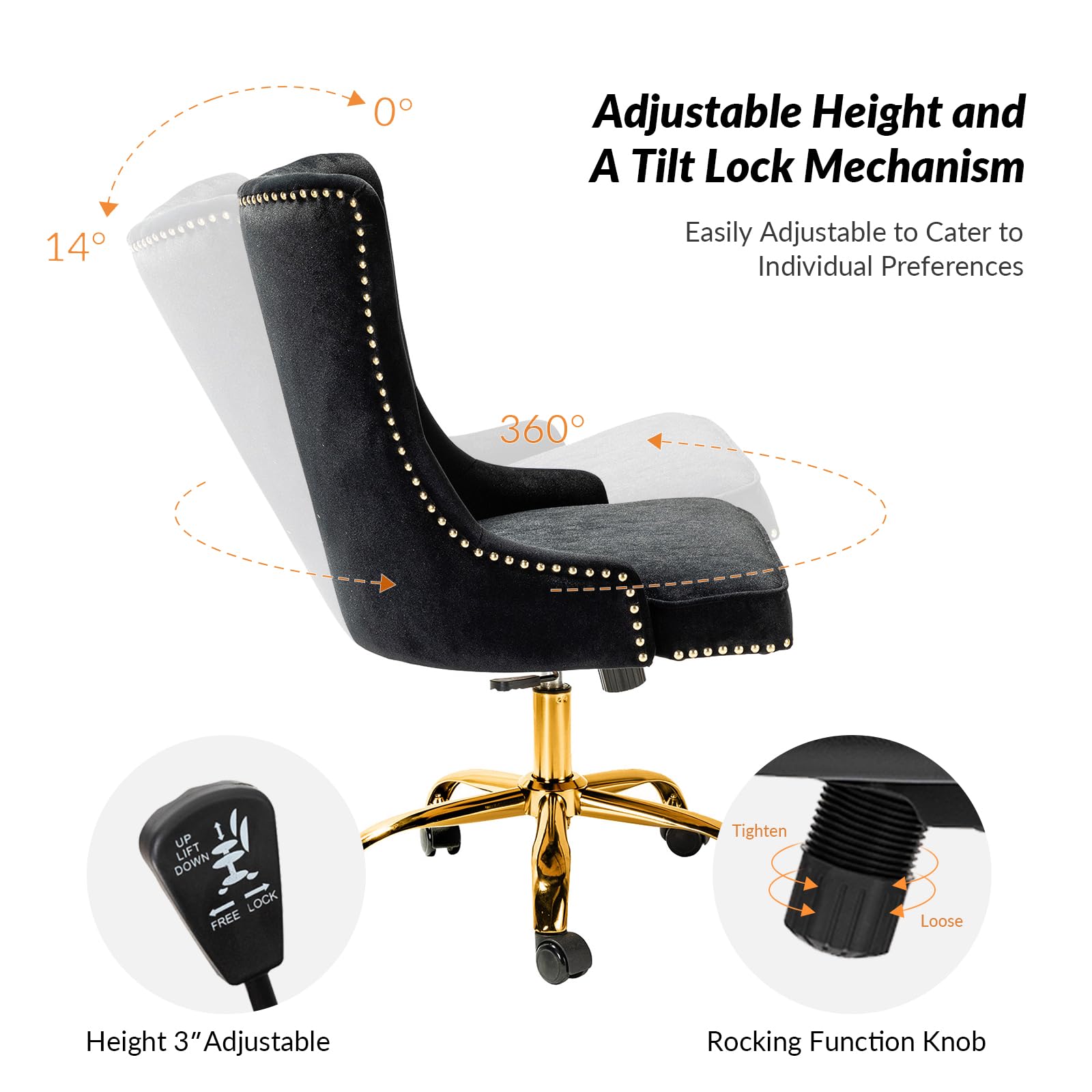 TINA'S HOME Velvet Armless Office Chair with Gold Base & Nailhead Trim, Modern Tufted Upholstered Desk Armchair Swivel Adjustable, Cute Wingback Computer Task Vanity Chair for Women, Black
