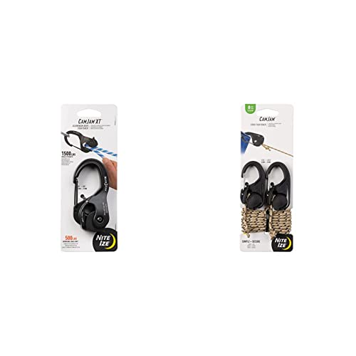 Nite Ize CamJam XT Aluminum Rope Tightener & NCJ-25-2R3 CamJam Tie Down Rope Tightener with Carabiner Clip, 2-Pack with Cord, Black, 2 Count