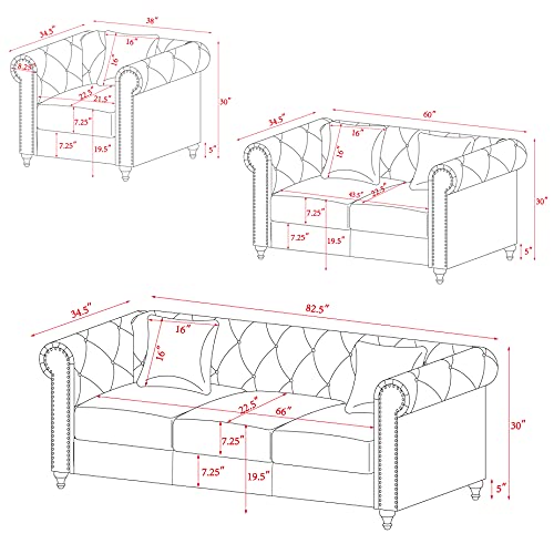 Melpomene 3 Pieces Blue Velvet Living Room Sofa Set Including 3-Seater Sofa Loveseat and Sofa Chair, with Button Tufted Nailhead and 5 White Villose Cushions (1+2+3 seat)