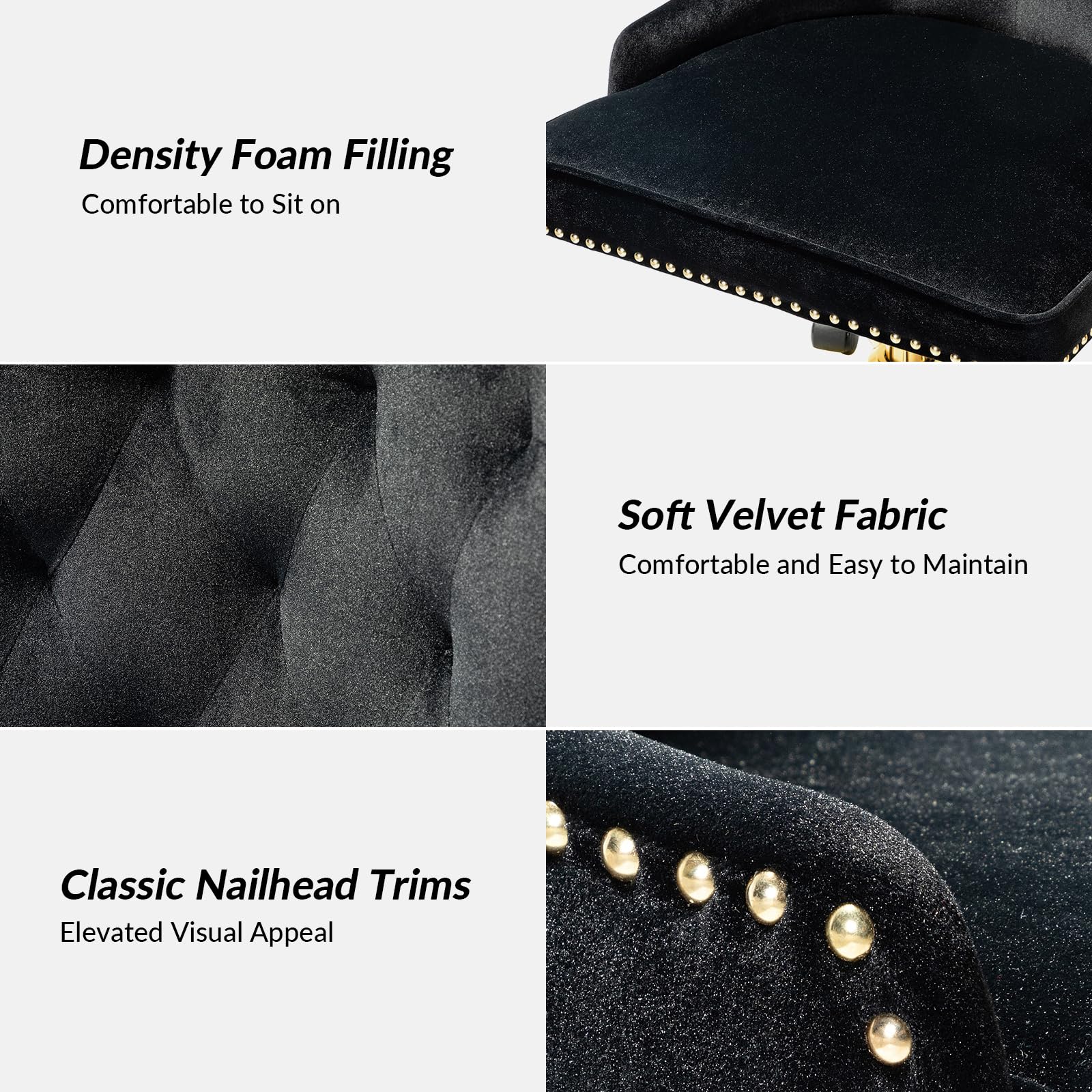 TINA'S HOME Velvet Armless Office Chair with Gold Base & Nailhead Trim, Modern Tufted Upholstered Desk Armchair Swivel Adjustable, Cute Wingback Computer Task Vanity Chair for Women, Black