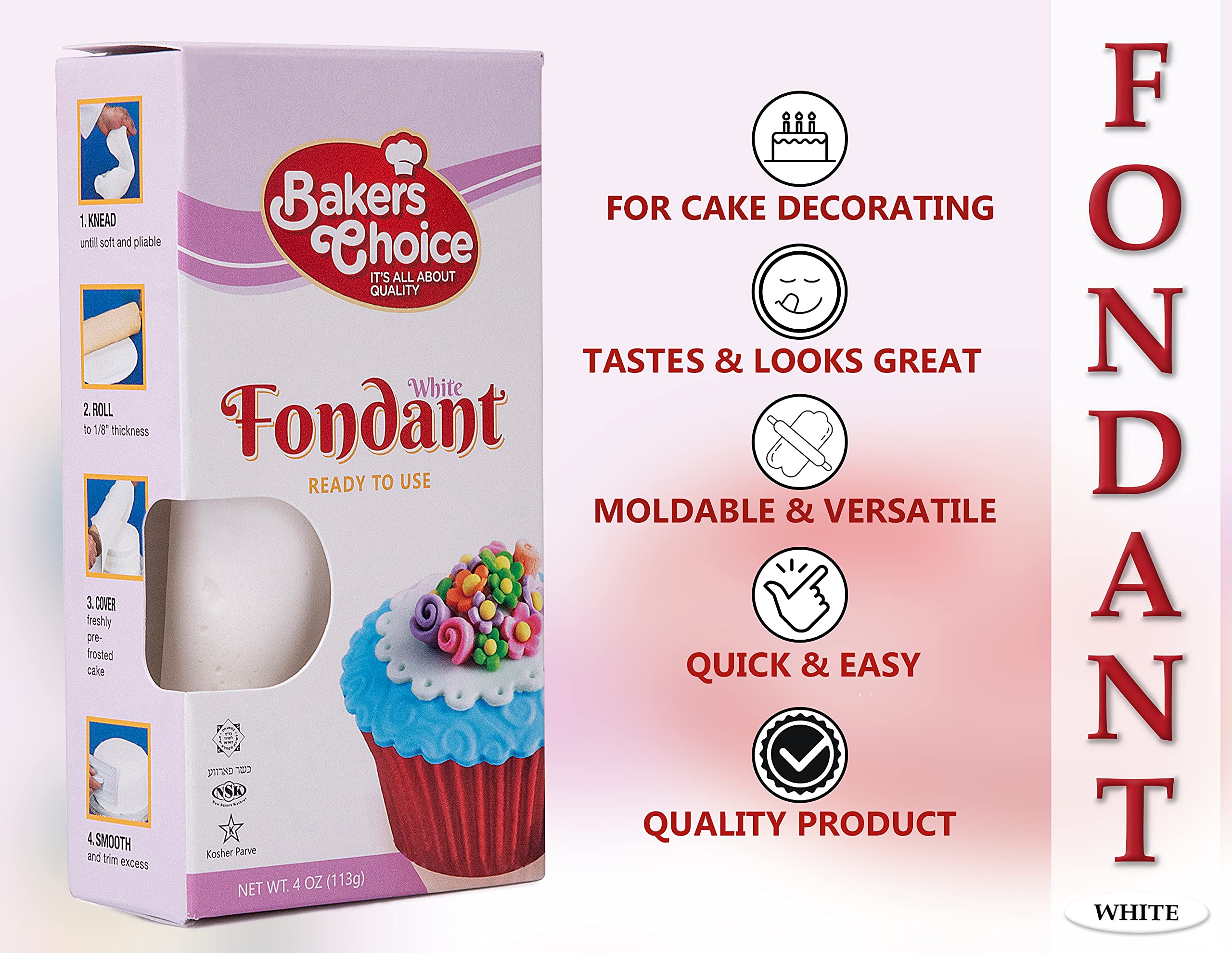 White Fondant Icing - 4 oz. - Ready to Use Cake Decorating Frosting - Easy To Roll, Moldable, Kosher, Dairy Free, and Nut Free - White Fondant For Cakes Cupcakes and Cookies - By Baker’s Choice