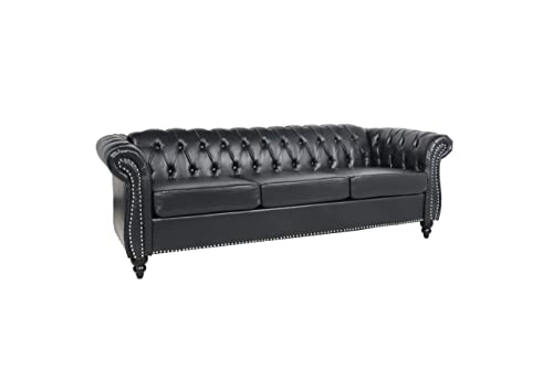LEVNARY Chesterfield Sofa, Classic Tufted Upholstered Leather Couch, Modern 3 Seater Couch Furniture with Tufted Back for Living Room Office (Black)