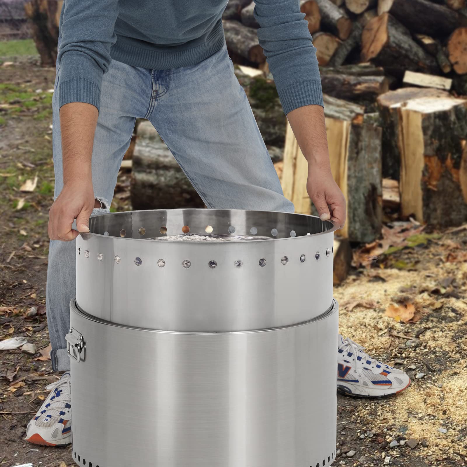 20.5 Inch Smokeless Fire Pit for Outdoor Wood Burning, Portable Stainless Steel Camping Stove with Stand and Handle, Unique Removable Ash Pan Design, H: 11.5 in, 18.7 lbs - Ideal for Camping