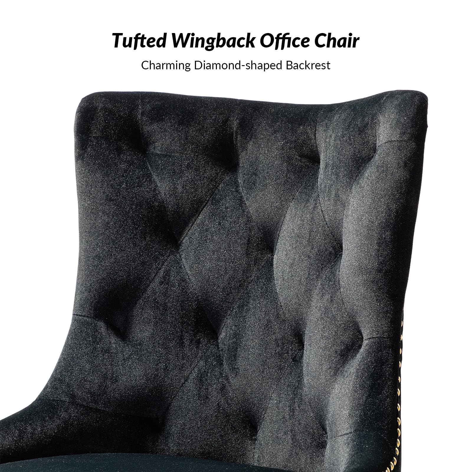 TINA'S HOME Velvet Armless Office Chair with Gold Base & Nailhead Trim, Modern Tufted Upholstered Desk Armchair Swivel Adjustable, Cute Wingback Computer Task Vanity Chair for Women, Black