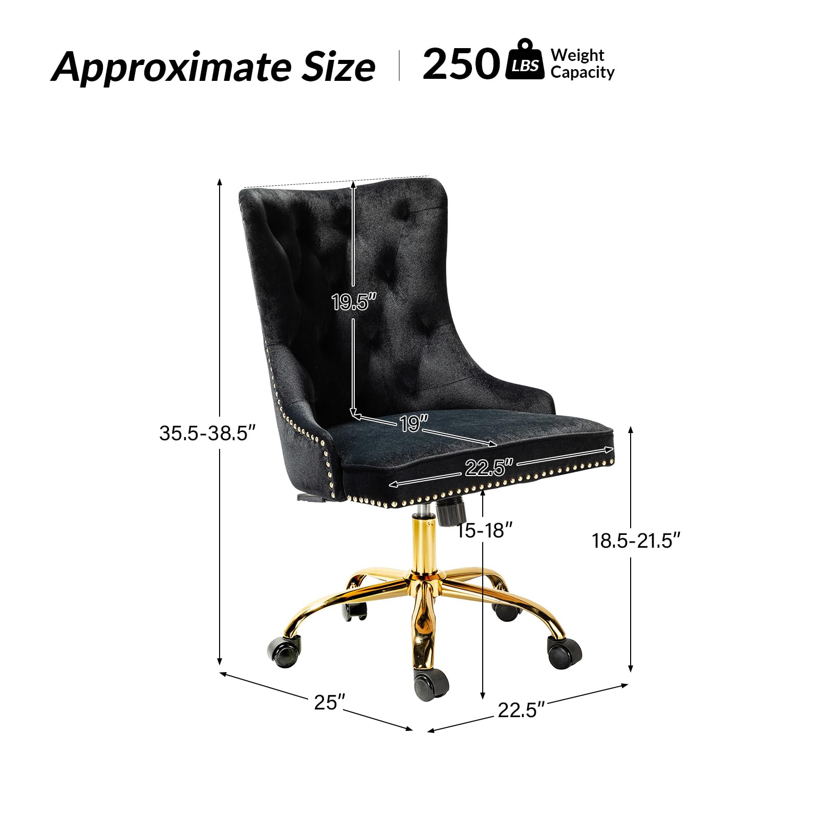 TINA'S HOME Velvet Armless Office Chair with Gold Base & Nailhead Trim, Modern Tufted Upholstered Desk Armchair Swivel Adjustable, Cute Wingback Computer Task Vanity Chair for Women, Black