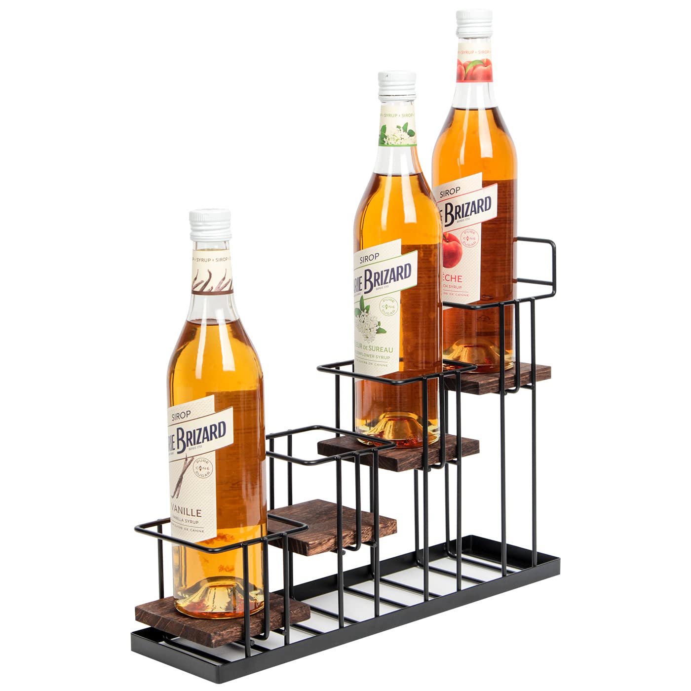 J JACKCUBE DESIGN Syrup Bottle Holder Rack, Rustic Wood and Metal Wire 4 Tier Syrup, Wine, Dressing Bottle Countertop Display Storage Stand for Kitchen Coffee Bar- MK816A